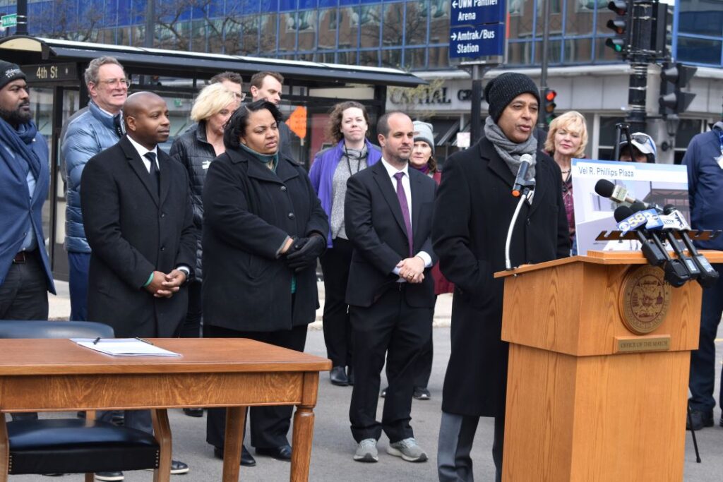 Officials mark funding milestone for Vel R. Phillips Plaza