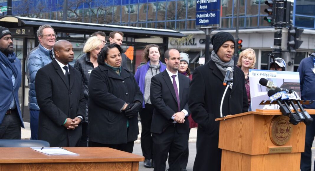 Officials mark funding milestone for Vel R. Phillips Plaza